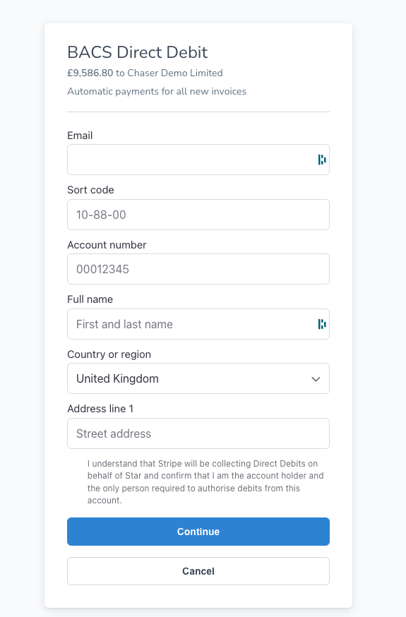 Set up Direct Debit (BACs, BECs, ACH and SEPA)